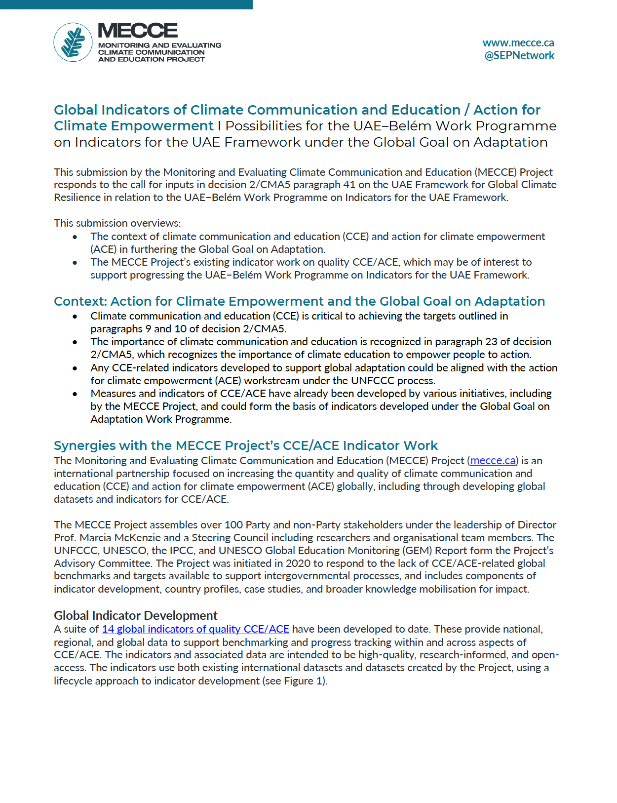 Global Indicators of Climate Communication and Education: Action for Climate Empowerment - MECCE